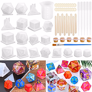 Resin Dice Molds, Shynek 19 Styles Polyhedral Game Dice Molds Set with Silicone Dice Mold, Mixing Sticks, Measuring Cup, Droppers, Acrylic Paints Set for Epoxy Resin Dice Making