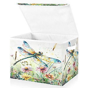 senya Baskets Collapsible Storage Bins with Lids, Dragonfly Wildflowers Painting Storage Boxes Clothes Baskets for Organizing, B06D22020