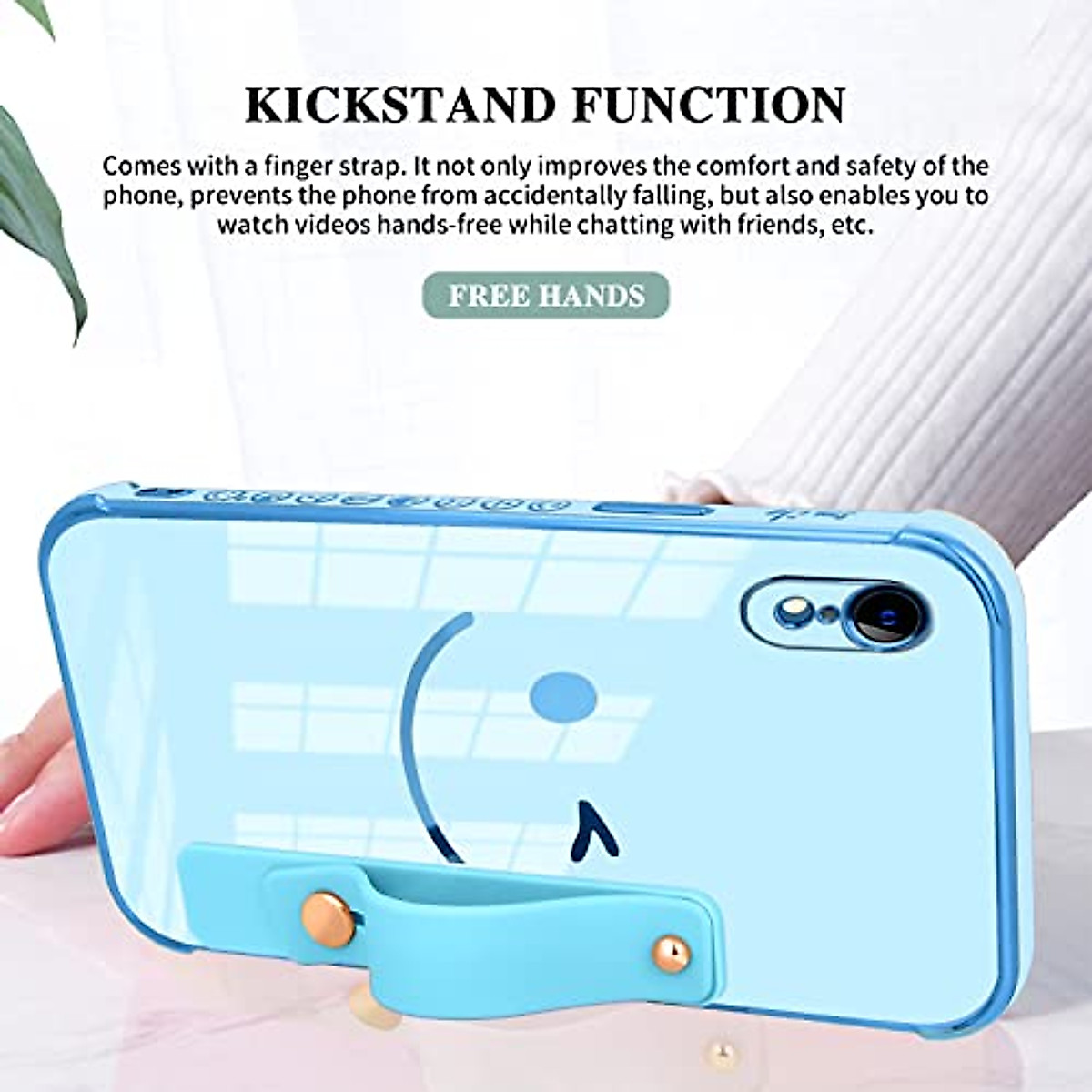 Uioeua Compatible with iPhone XR Case with Smiley Face Pattern,Soft TPU Cute Plating Wristband Holder Case Camera Lens Protection Side Small Pattern Shockproof Wrist Strap Case Women Girls-Sky Blue