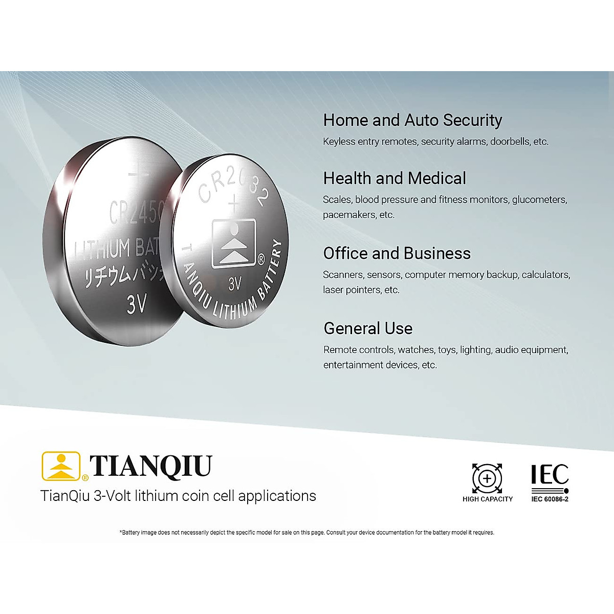 TIANQIU 2032 Battery (CR2032/ DL2032/ E-CR2032/ SB-T51/ LF1/ 2V) Lithium 3v (1 Pack of 5)