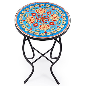 VONLUCE 21" Mosaic Plant Stand, 14 Inch Round Side Table with Ceramic Tile Top, Indoor and Outdoor Accent Table, Outdoor Patio Furniture, End Table for Garden Patio Living Room More, Blue