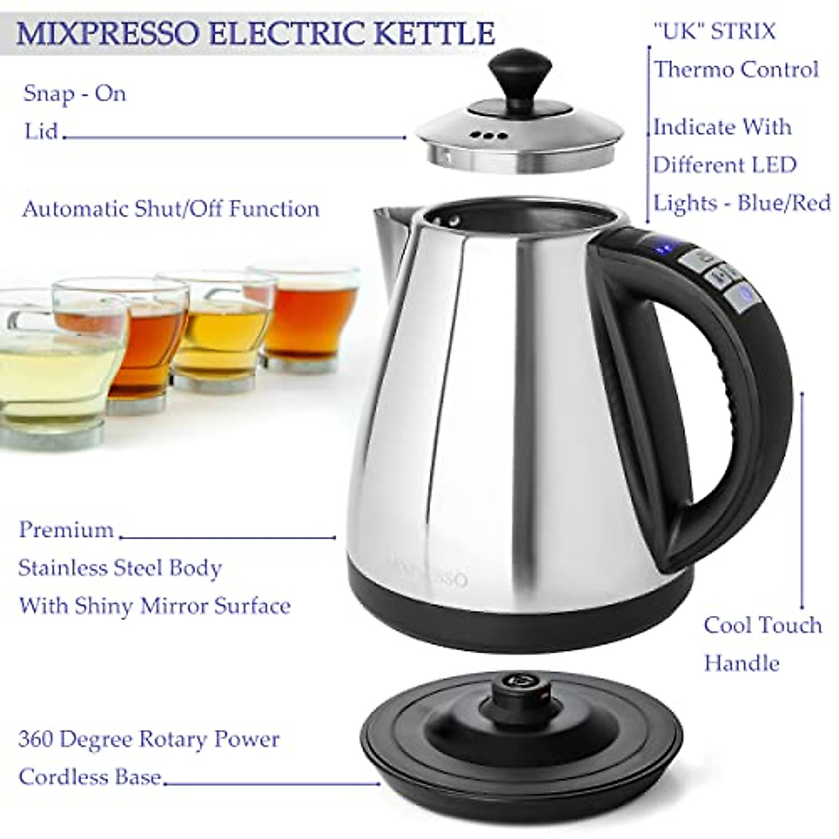 Mixpresso Electric Kettle Temperature Control, Hot Water Kettle Electric, Cordless 1 Liter Capacity, Keep Warm & LED Indicator, Auto-Shutoff, Boil-Dry Protection, Stainless Steel Electric Kettle