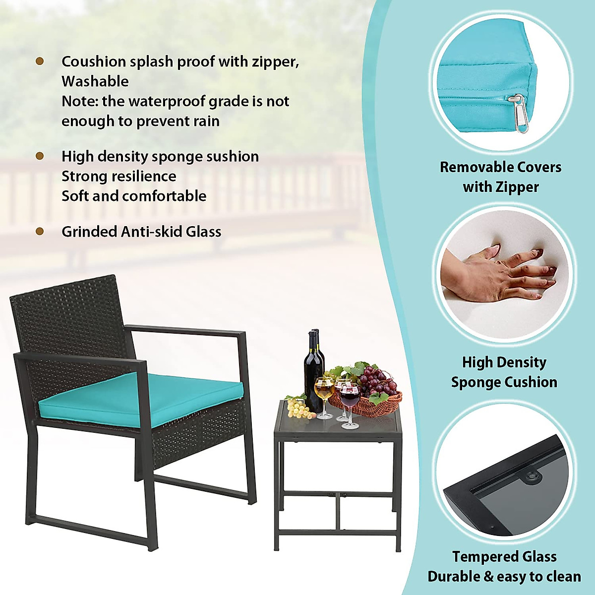 FDW 3 Piece Outdoor Bistro Set Patio Furniture Sets Wicker Patio Chairs Rattan Outdoor Furniture for Backyard Porch Poolside Lawn,Blue Cushion