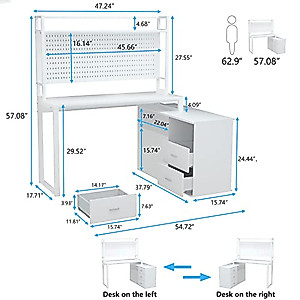 PAKASEPT Home Office Computer Desk L Shaped Desk, Reversible Corner Desk with Drawers & Shelves & Pegboard, White Desk Study Writing Table for Home Office