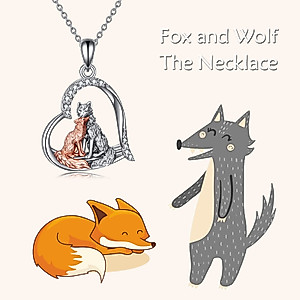 YAFEINI Fox and Wolf Necklace Gifts for Women Sterling Silver Kitsune Fox Love Heart Pendant Necklace Jewelry Gifts