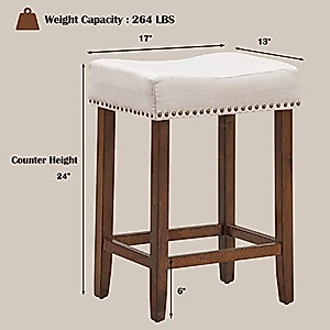 ERGOMASTER Counter Height Bar Stools Set of 2 Backless Fabric Barstools 24-Inch Modern Wood Saddle Bar Stools with Nailhead Trim for Kitchen Island Counter Tabel - Beige/Brown,2-Pack