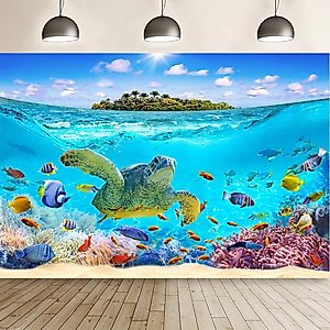 MEHOFOND 7x5ft Soft Fabric Summer Ocean Photography Backdrop Under The Sea Turtle Photo Background Ocean Coral Sky Clouds Seaside Islands Birthdy Baby Shower Party Decor Portrait Photo Props