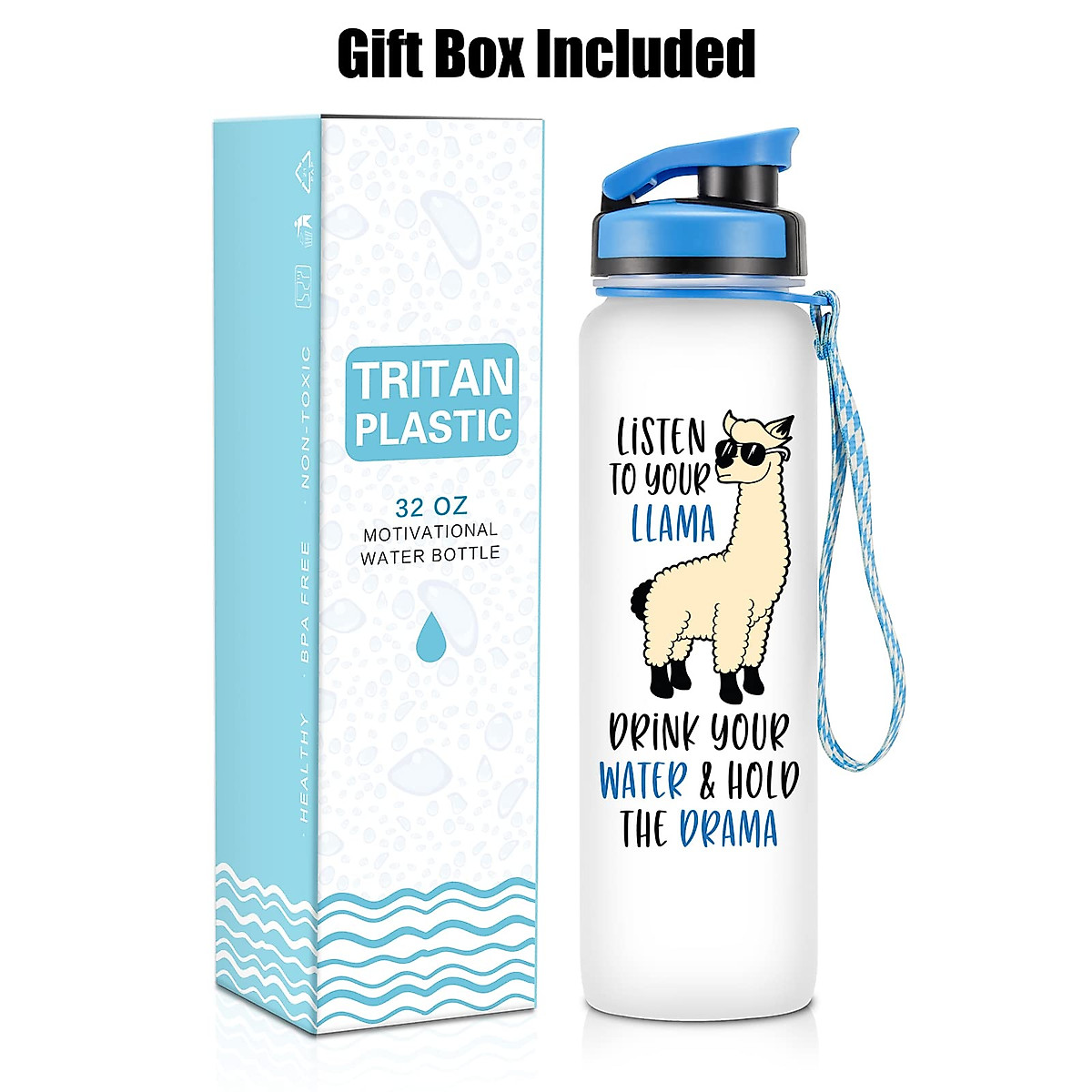 LEADO 32oz 1Liter Motivational Tracking Water Bottle with Times to Drink - Listen to Your Llama, Llama Gifts - Funny Mothers Day, Birthday Gifts for Women, Sister, Daughter, Coworker, Her