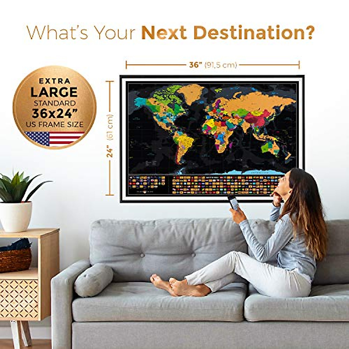 XL Scratch Off World Map with 233 Flags – 36 x 24 Scratch Off Map of The World + Scratch Off USA Map – Easy to Frame World Scratch Off Map + Tools – Travel Map Wall Poster - Deluxe Gift for Travelers