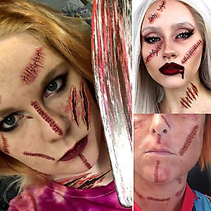 Halloween Scar Temporary Tattoos 3D Body Face Realistic Fake Stitches Tattoo Sticker Waterproof for Chucky Costume Zombie Vampire Makeup Prank Props Cosplay Kids Adults
