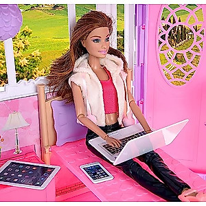 27 Pieces Dollhouse Mini Laptop Tablet and Smart Phone Newspaper Book Miniatures Hamburger Cake Coffee Juice Trolley case DIY Play Game Party Toys Accessories (White Set)