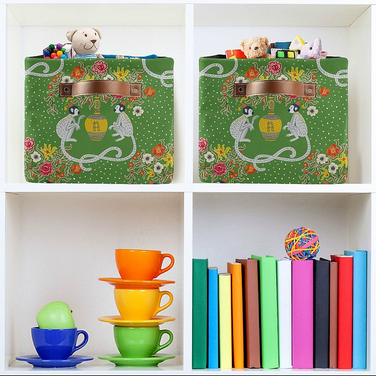 susiyo Large Foldable Storage Bin Tribal Elephants Storage Bins Collapsible Decorative Fabric Storage Baskets ,Green Chinoiserie Monkeys