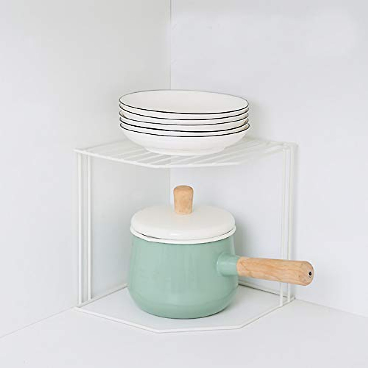 IMIKEYA Corner Shelves Metal Shelves Metal Shelves 2-Tier Corner Shelf and Cabinet Organizer for Kitchen Cabinet Pantry Dishes Corner Rack for Kitchen (White) Metal Shelf Metal Shelf Metal Shelves