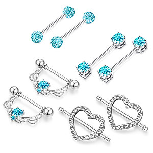 ORAZIO 4 Pairs 14G Stainless Steel Nipplerings Nipple Tongue Rings CZ Opal Barbell Body Piercing Jewelry Blue