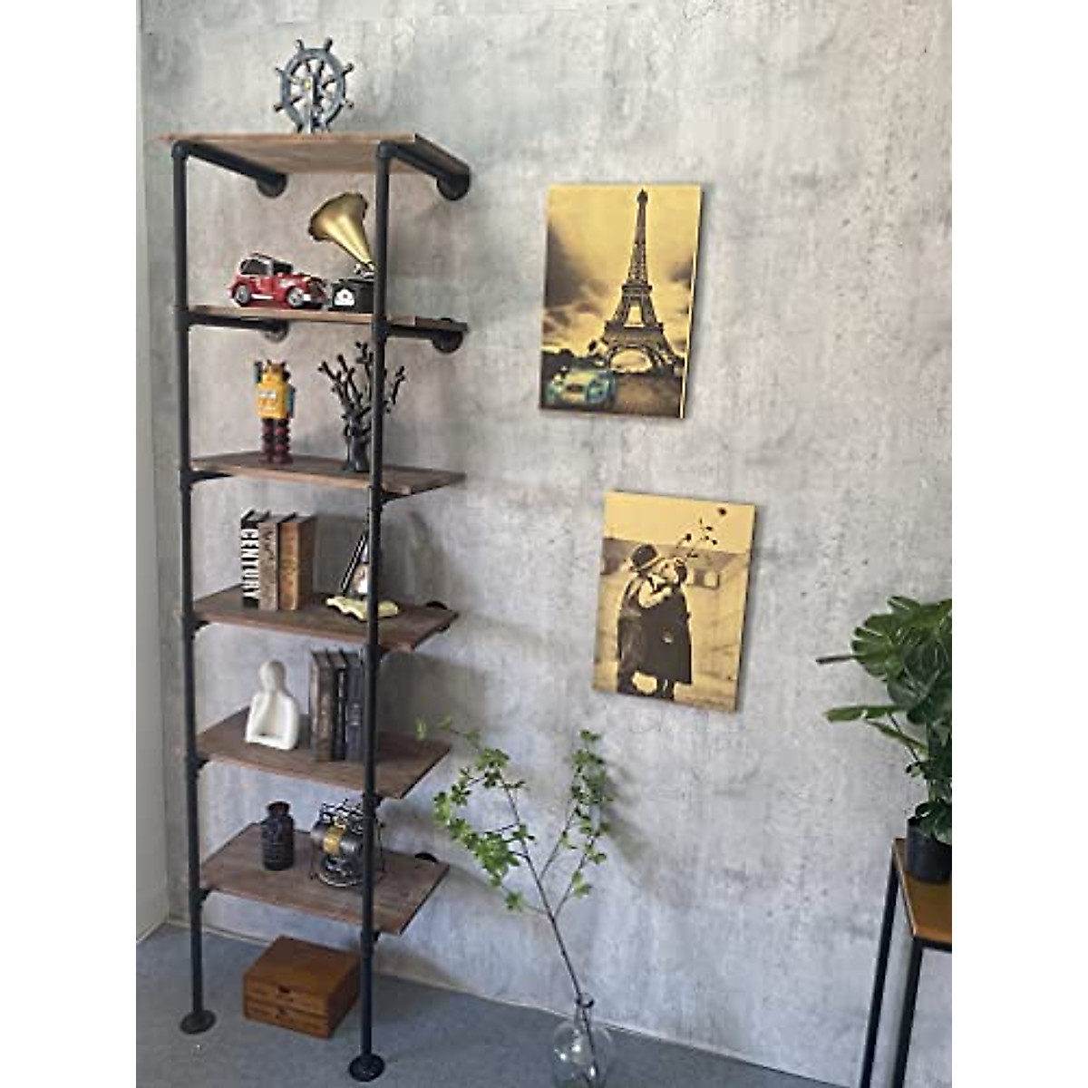 Industrial Pipe Shelving Solid Wood 6-Tier Pipe Shelves 24 inch Ladder Pipe Tall Bookshelf Industrial Floating Wall Shelves for Wall Decor 30 inch Depth Storage Rustic Shelves for Living Room Kitchen