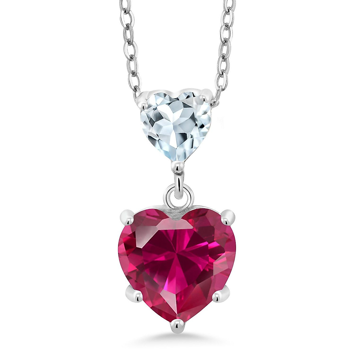 Gem Stone King 925 Sterling Silver Red Created Ruby and Sky Blue Aquamarine Double Heart Pendant Necklace for Women (2.12 Cttw, Heart 8MM and 5MM, with 18 Inch Silver Chain)