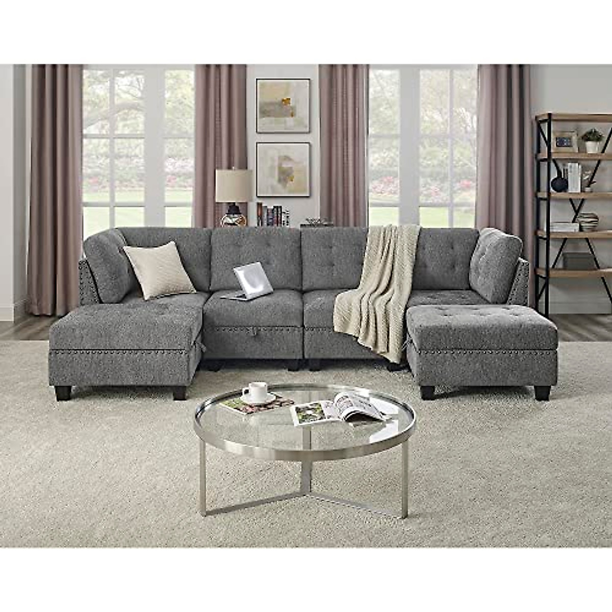 FULife Free Combination Modular Sofa Reversible Sectional Couch Oversized U Shaped Sofá Upholstery Deap Seat Sleeper Couches Bed with Storage for Living Room,2 Single Chair,Two Corner,Double Ottoman
