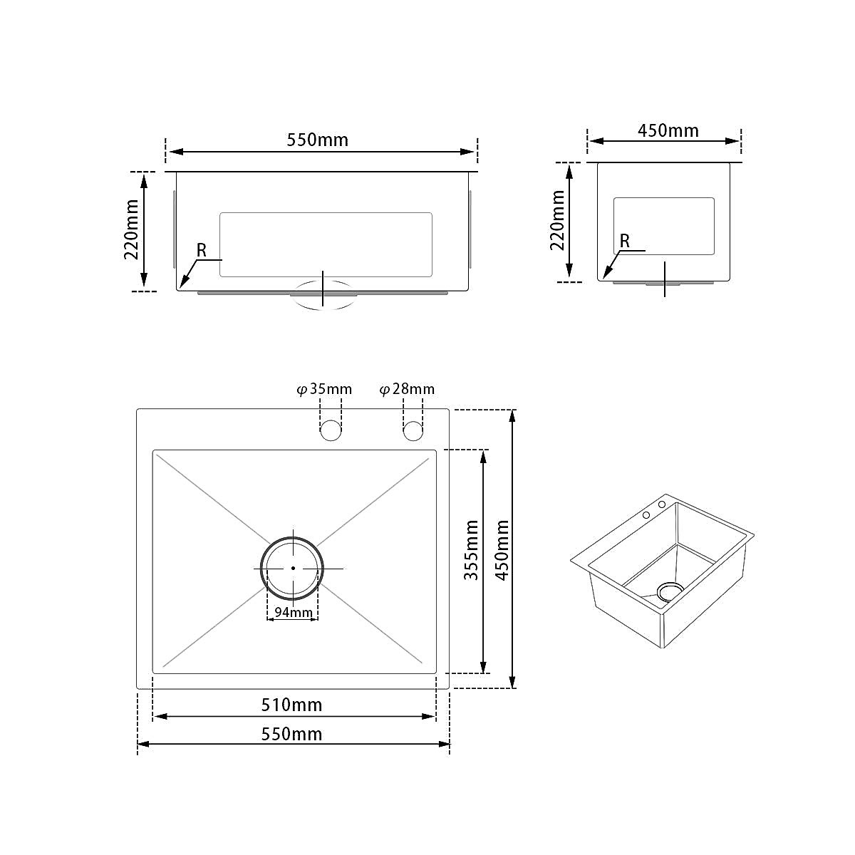 OUGOO 25 x 18inch Drop-in Tight Radius Black Stainless Steel Topmount Kitchen Sink Single Bowl