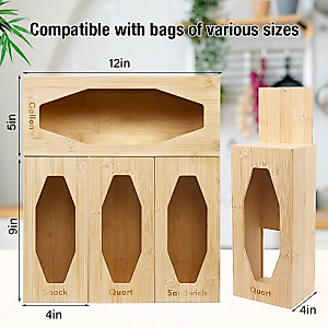 4 Pcs/Set Ziplock Bag Storage Organizer Food Storage Bag Holders Bamboo Kitchen Drawer Organizer Ziplock Bag Dispenser for Gallon, Quart, Sandwich, Snack Bags