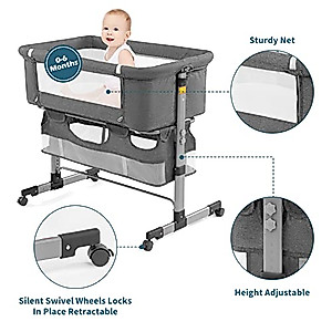 nordmiex Bedside Sleeper Bedside Crib, Baby Bassinet 3 in 1 Travel Baby Crib Baby Bed with Breathable Net,Adjustable Portable Bed for Infant/Baby(Deep Grey)
