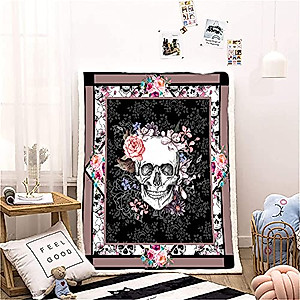 Sugar Skull Blanket Ultra Soft Sherpa Gothic Blankets All Seasons Warm Cozy Flower Rose Skull Blankets for Women Gift Plush Throw for Couch Sofa Bedding (51'' x 59'')