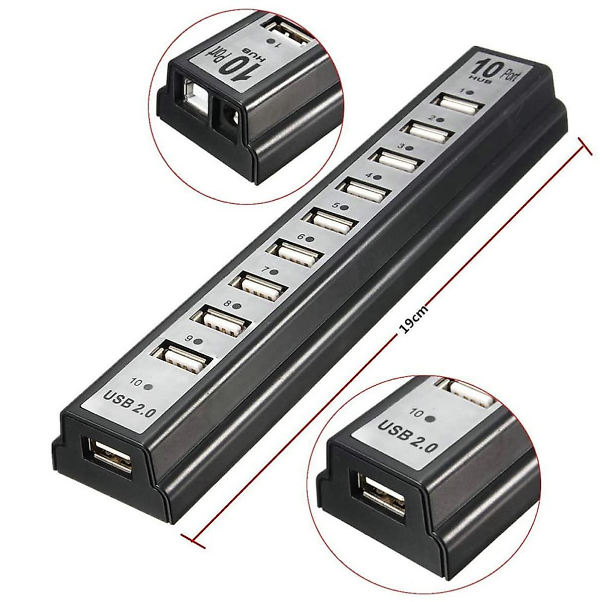 SaiDian 1Pcs 10 Port USB2.0 External Hub with Power Adapter High-Speed Expander Multi-Interface USB Hub