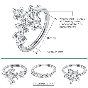 Drperfect 3 Pcs 925 Sterling Silver Pin Nose Ring Hoop, 20G Cubic Zirconia Cute Nose Ring Gold Silver Plated Cartilage Earrings Nose Piercing Jewelry for Women