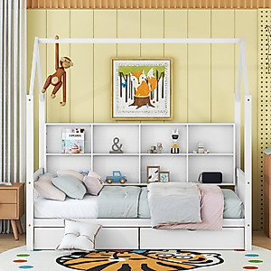 Bellemave Full House Bed with Storage Drawers, Full Size Kids Montessori House Bed with Shelves, Wood Tent Cabin Beds Frame for Girls Boys Teens, White