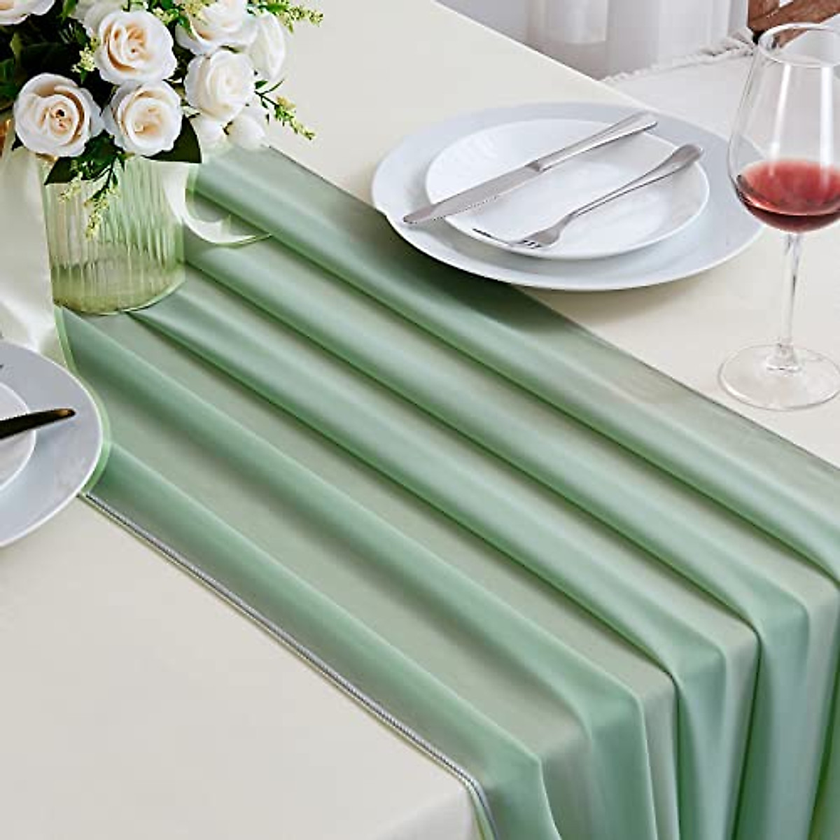 5 Pack Sage Green Chiffon Table Runner 10Ft Wedding Table Runner 29x120 Inches Sheer Romantic Tulle Table Runner for Wedding Decor Bridal Shower Baby Shower Birthday Party Cake Table Decoration