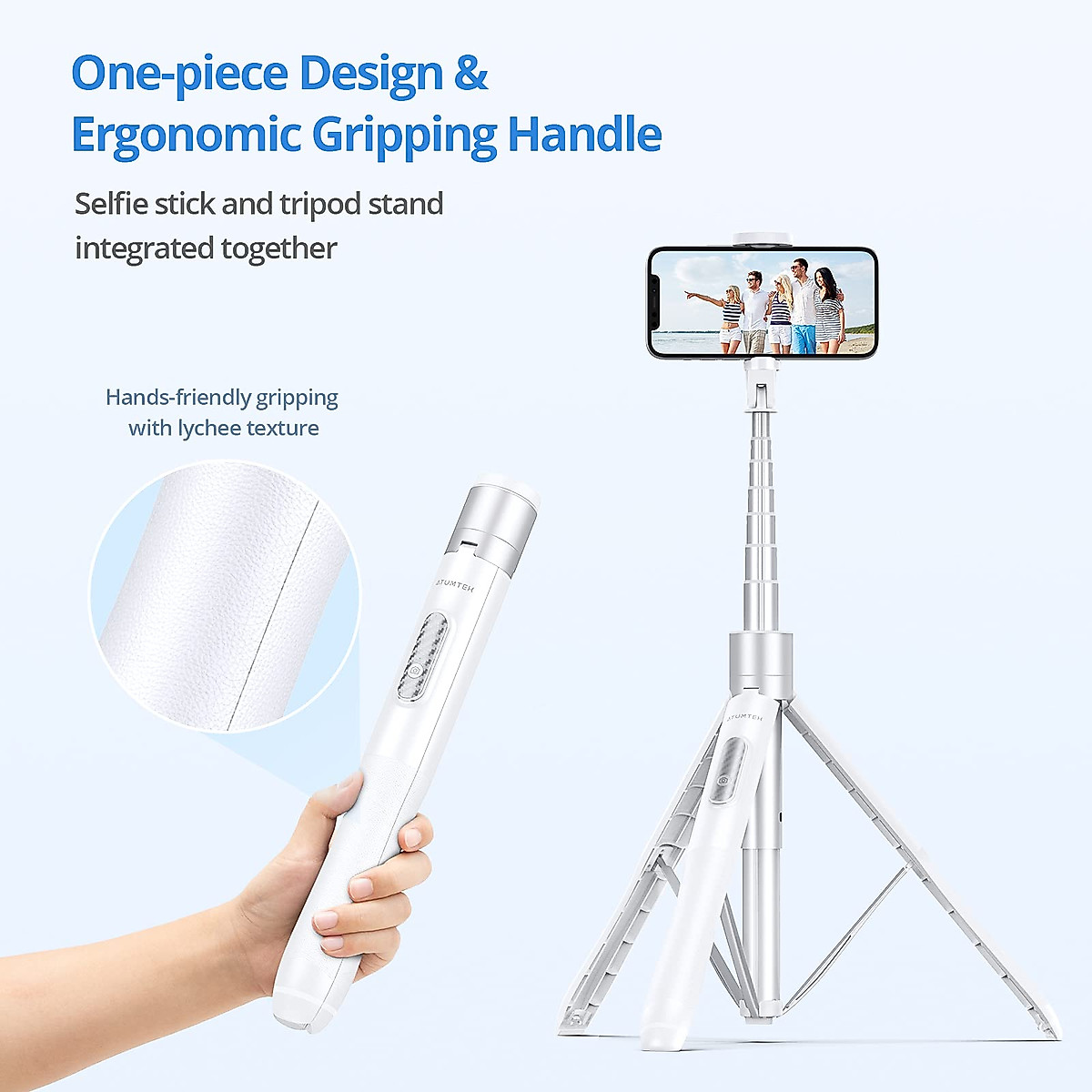 ATUMTEK 60" Selfie Stick Tripod, All in One Extendable Phone Tripod Stand with Bluetooth Remote 360° Rotation for iPhone and Android Phone Selfies, Video Recording, Vlogging, Live Streaming, White