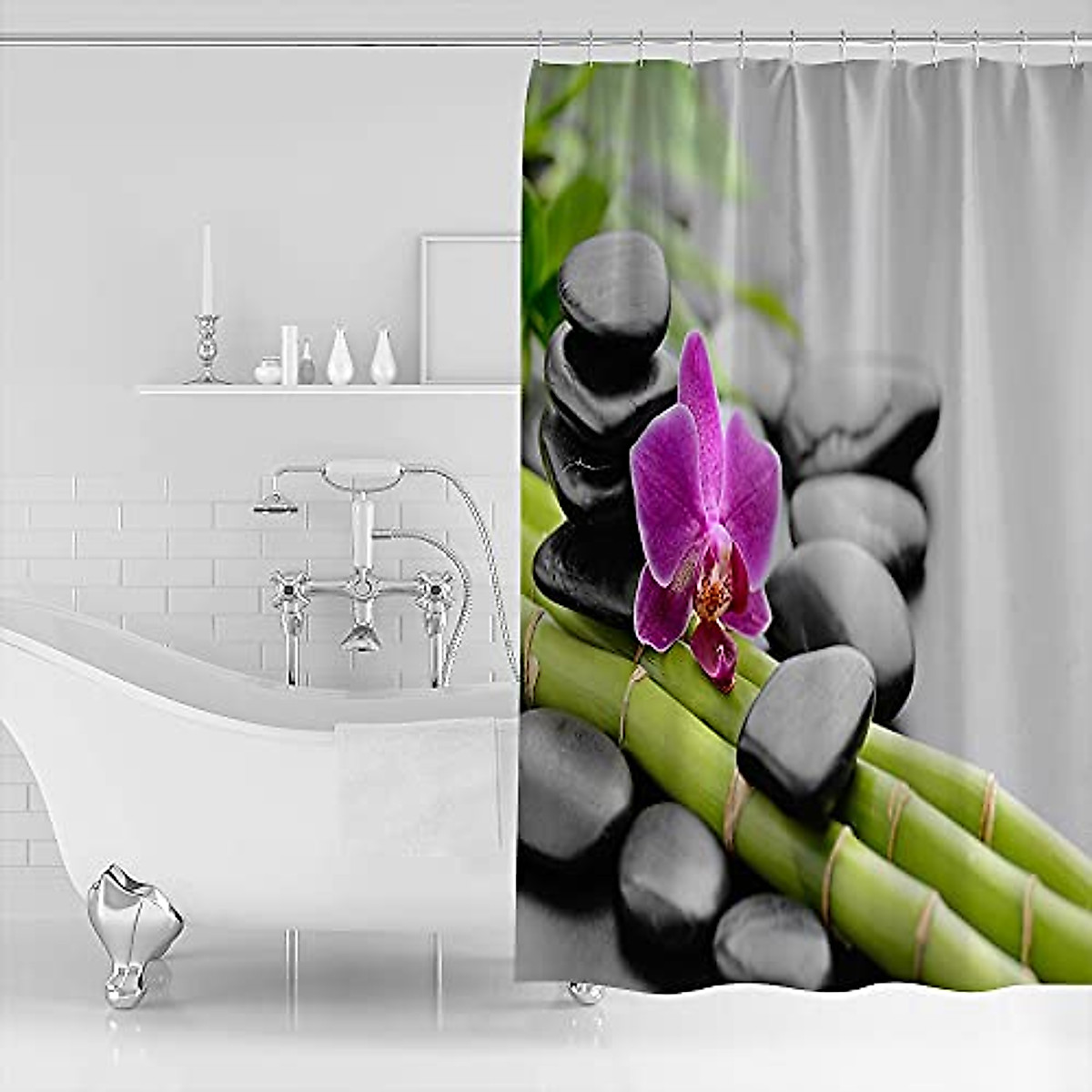 ZOE STORE 72" x 84" Shower Curtain with Hooks, Zen Basalt Stone Orchid Flower and - Waterproof Polyester Cloth Bath Curtains Sets for Bathroom Decoration