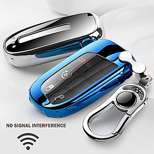 K LAKEY Jeep Key Fob Cover,Fit for Jeep Bottons Remote Key Grand Cherokee Renegade Compass Dodge Durango Journey Charger Challenger Key Fob,Smart Key Fob Soft TPU Case Shell with Alloy Keychain Silver