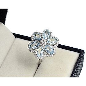 March Birthstone Natural 7X5 MM Oval Cut Aquamarine & Small White Topaz Gemstone 925 Sterling Silver Cluster Ring Wedding Jewelry Women Ring Gift For Her (Rhodium Plated Silver, 7)