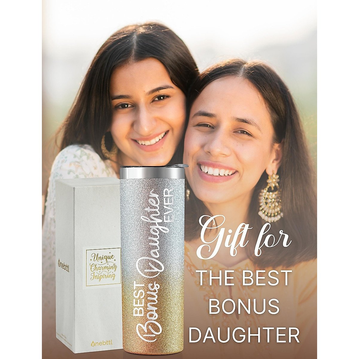 Onebttl Bonus Daughter Gifts - 20oz Stainless Steel Travel Mug with Lid and Straw - Best Daughter Ever (Silver or Gold) for Birthday, Christmas or Thanksgiving