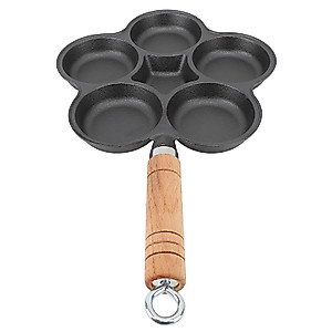 Cast Iron 5 Hole Egg Frying Pan, Heavy Duty Breakfast Pan, Fast Heating Induction Cooker, Solid Wood Handle, for Gas Stove