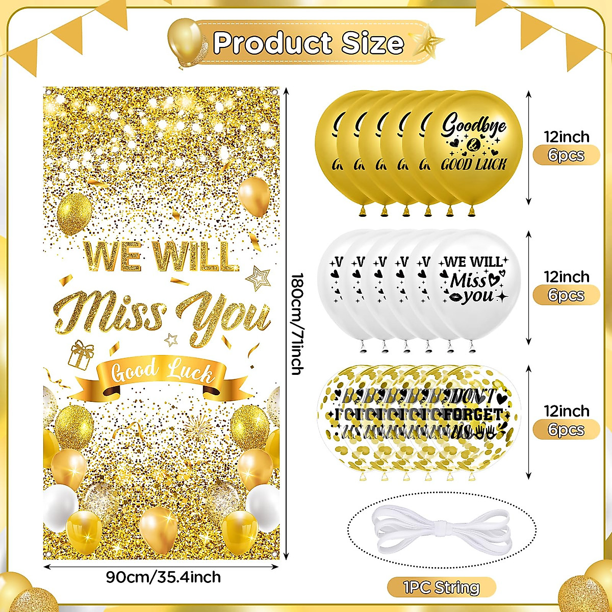 Farewell Party Decorations White Gold We Will Miss You Door Cover Banner and 18Pcs Good Luck Goodbye Balloons for Going Away Retirement Graduation Farewell Anniversary Leaving Party Supplies