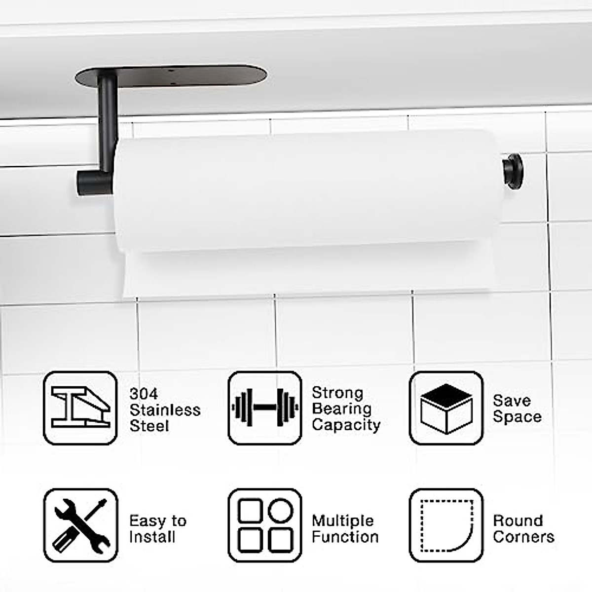 Paper Towel Holder Under Cabinet Hanging Self Adhesive Paper Towel Holder Black Wall Mount Paper Towel Holders Stick on Paper Towel Rack/Roll Holder Kitchen Hardware/Storage Paper Towels Bulk Hanger