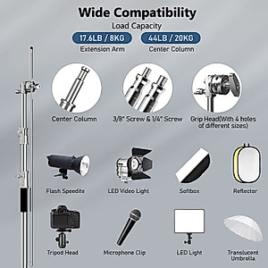 Photography C Stand with Boom Arm: 100% Stainless Steel - Takerers BS11 Heavy Duty Max Height 10.5ft/131inch Light Stands (2 Pack) with 4.2ft/50inch Holding Arm, 2 Grip Head, 2 Sandbag