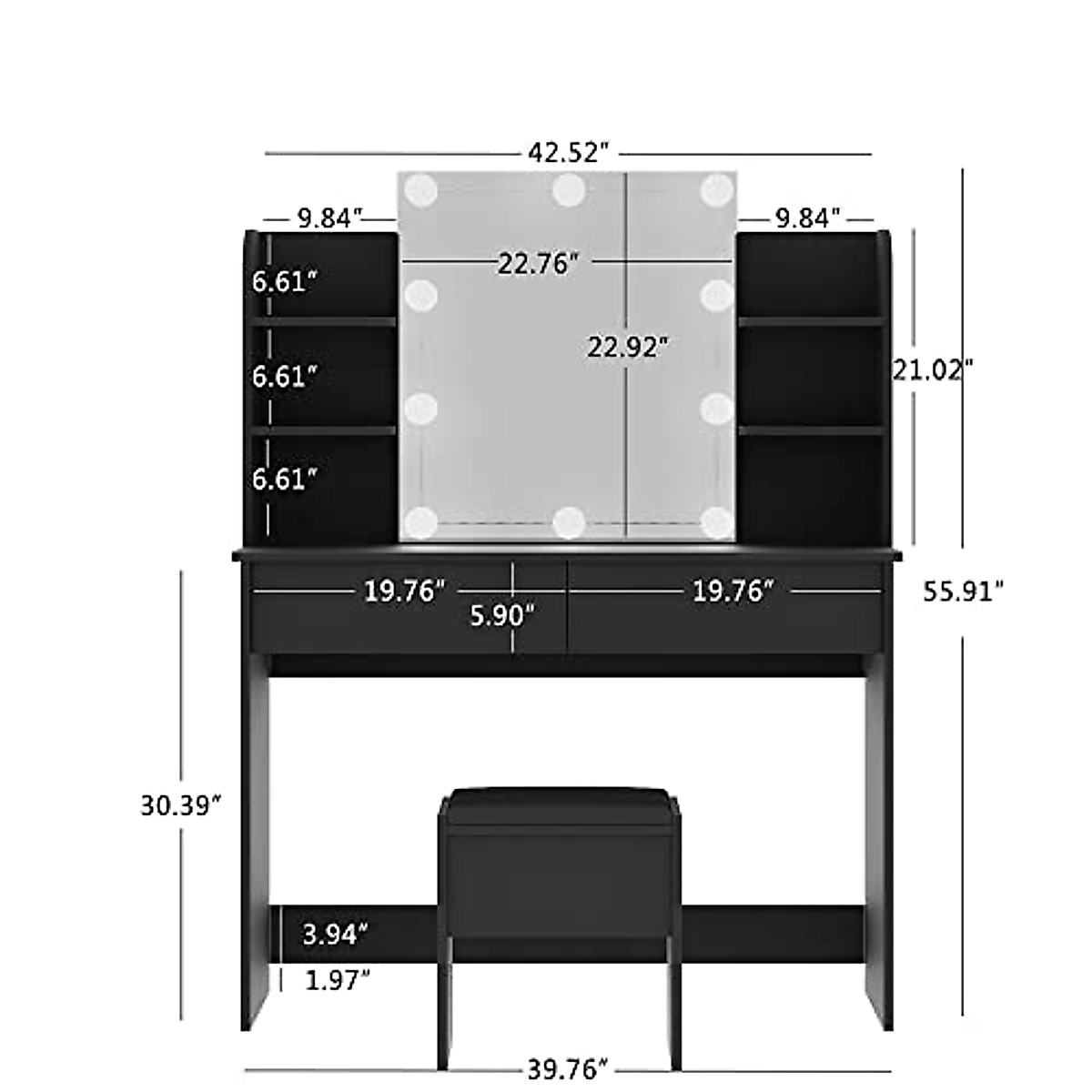 LEVNARY Vanity Set with Lighted Mirror, Makeup Vanity Table with Lights, Makeup Desk Dressing Table with 2 Large Storage Drawers & Cushioned Stool for Bedroom (Black)