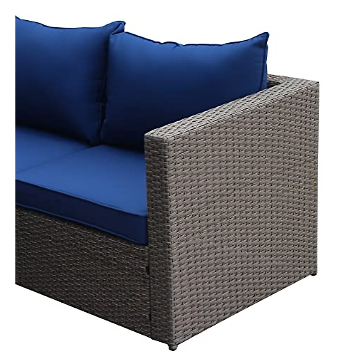 Outdoor Patio Furniture Set with Ottoman Square Coffee Table 4 Piece Patio Sectional Sofa Couch, Modern Brown Rattan Wicker with Seat Cushions - Navy Blue - Oliver & Smith - Sunny