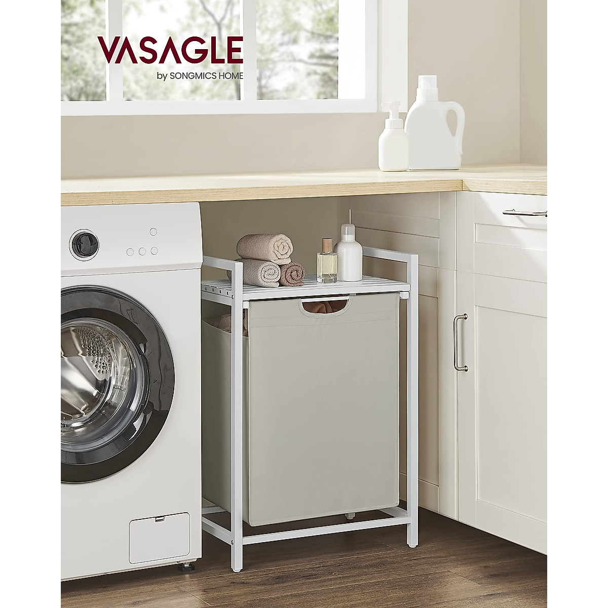 VASAGLE Laundry Hamper, Laundry Basket, Laundry Sorter with A Pull-Out and Removable Bag, Shelf, Metal Frame, 17.2 Gallons (65 L), 19.7 x 13 x 28.4 Inches, White UBLH101W01