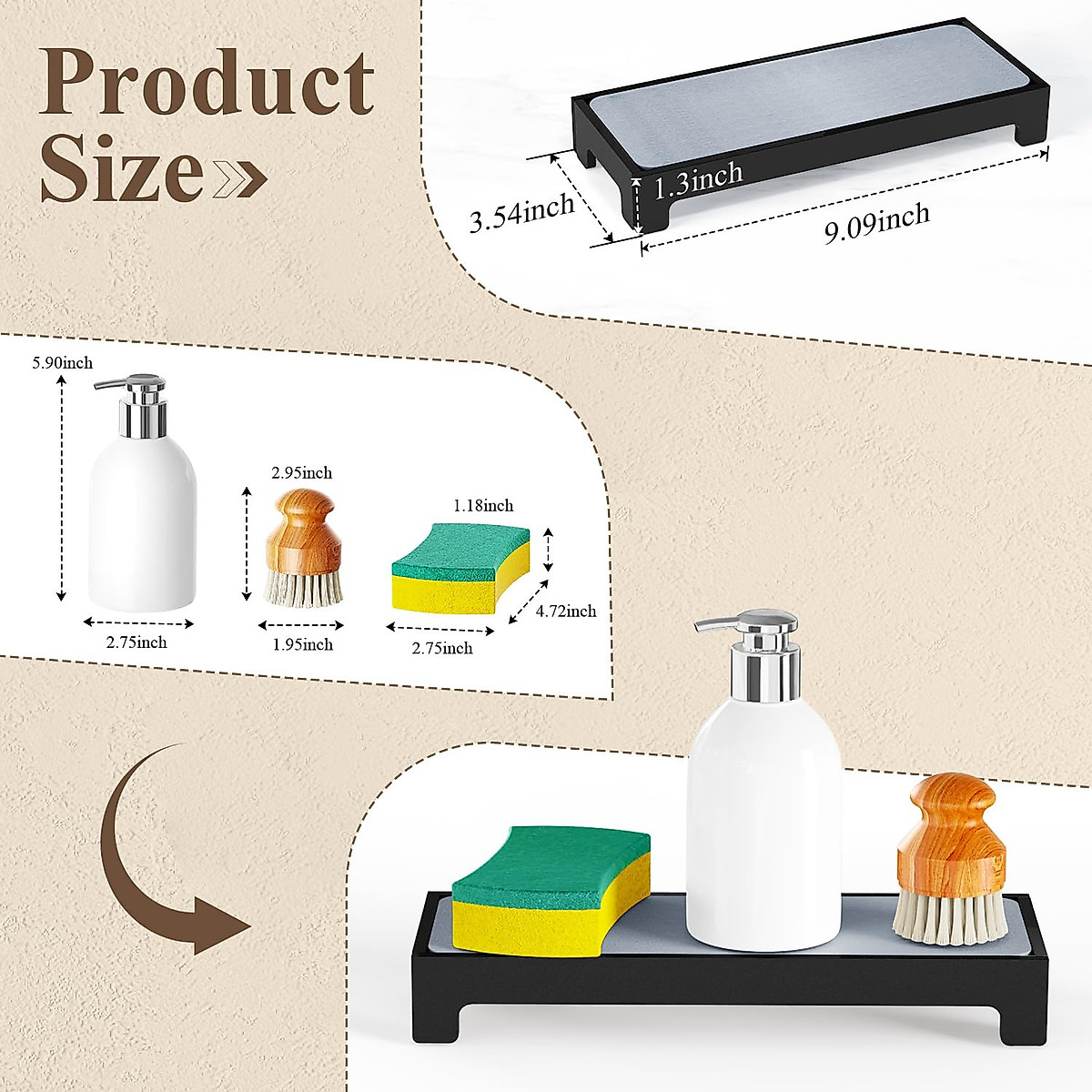 Sink Caddy, EnjoyNest Instant Dry Sink Organizer Sponge Soap Holder for Kitchen Sink Bathroom Countertop Fast Drying Rack Counter Tray Water Absorbing Stone Pedestal Stand Riser for Bottle Brush-Black