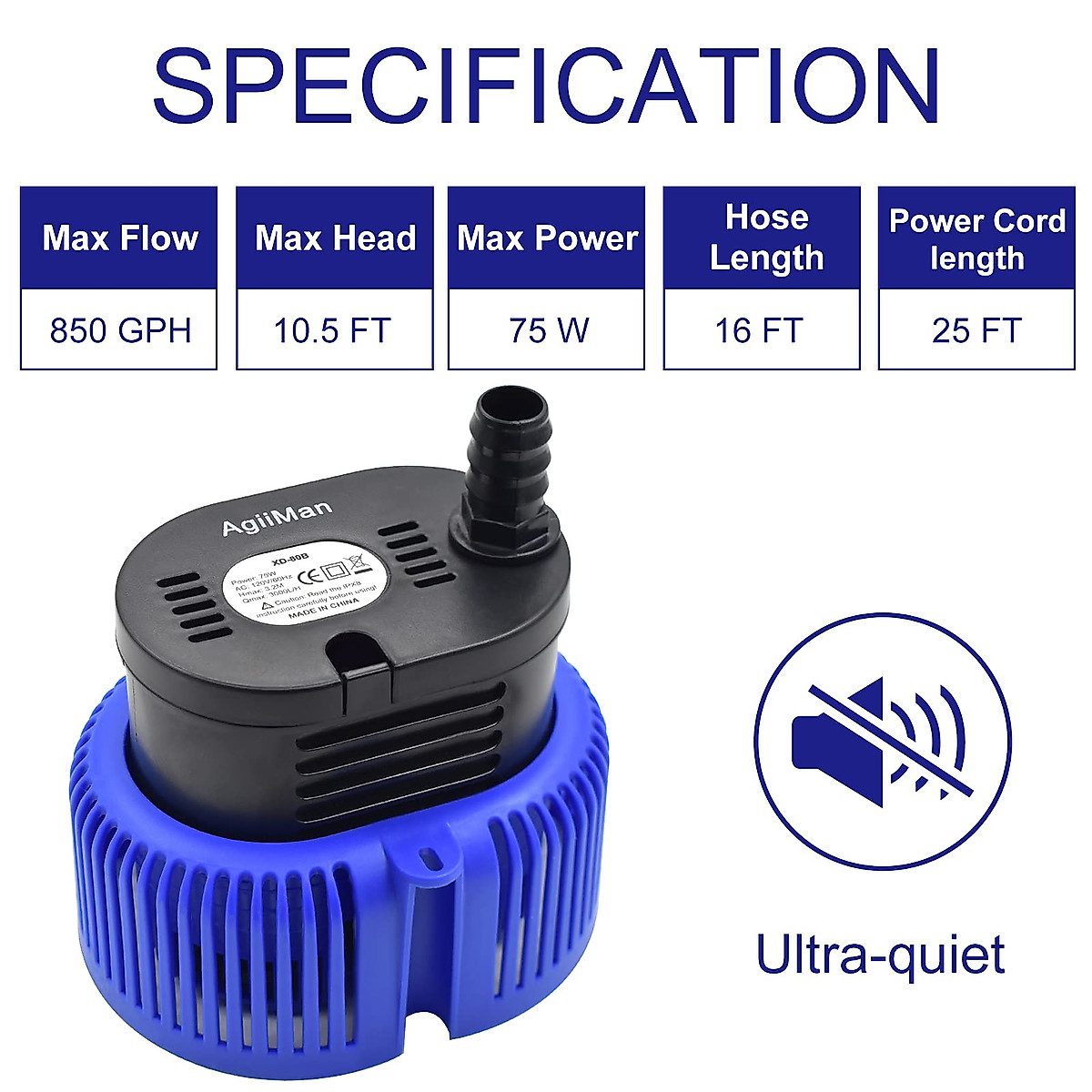 AgiiMan Pool Cover Pump Above Ground - Submersible Swimming Sump Inground Pump, Water Removal with 16' Drainage Hose and 25 Feet Power Cord, 850 GPH, 3 Adapters, Blue