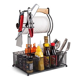 BBQ Caddy Grill For Organizing Utensils, Paper Towels, Accessories, Condiments, Kitchen Tools, Camping, Picnic, Outdoor Grilling, Heavy Duty Steel Frame Mesh Finley Crafted Bamboo Wood Carrying Handle