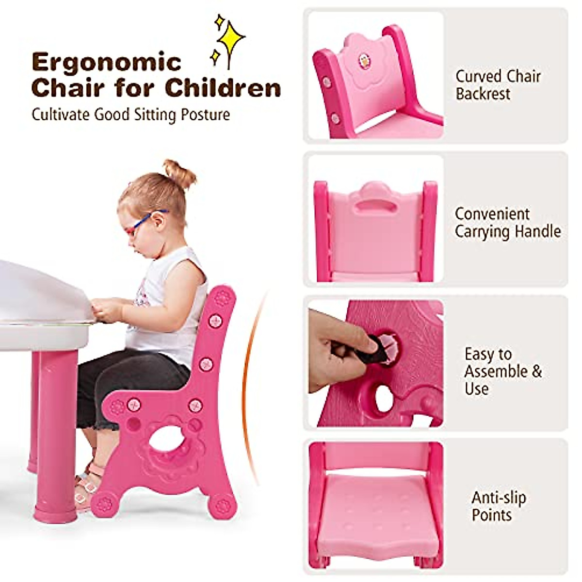 Costzon Kids Table and Chair Set, 3-Piece Toddler Activity Table and Chairs with Storage Drawer, Height Adjustable Chair, Children Desk Furniture Set for Drawing Reading Snack Time Art Craft (Pink)