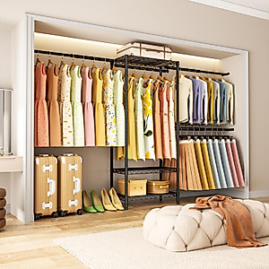 Golpart Closet Storage Organizer System,Expandable Wall Mounted Clothes Rack,3 Tiers Heavy Duty Metal Garment Rack with 3 Extendable Hanger Rods,Fits Space 5.7~8.8ft Width,76.77" H x 15.75" D