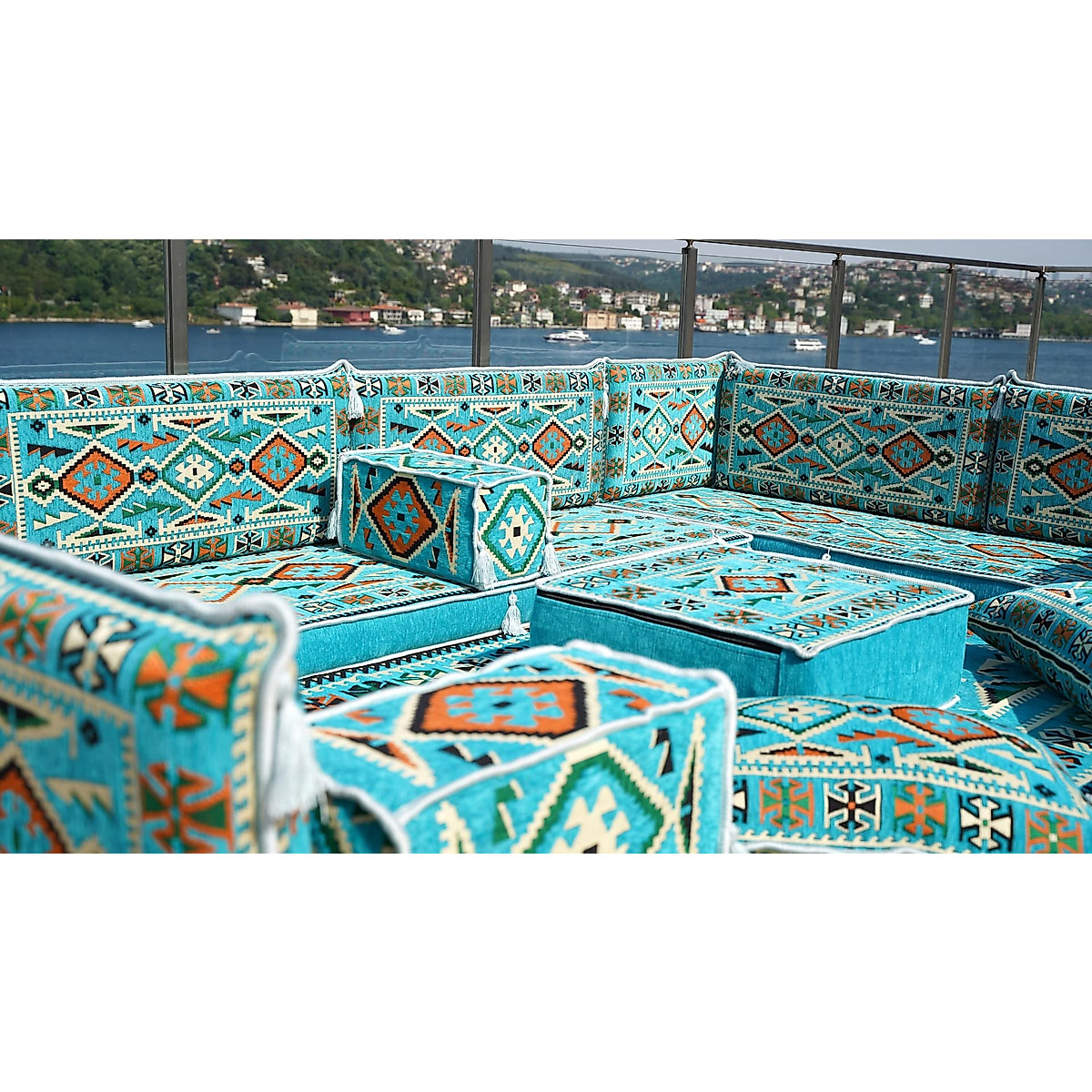 Light Blue Corner Floor Sofa Seating Set, U Shaped Arabic Sofa Set, Oriental Floor Seating, Floor Cushions, Living Room Sofa, Arabic Majlis,Floor Couch (U Sofa Full Set)