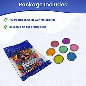 MR CHIPS Magnetic Bingo Chips with Metal Edge 3/4 Inch - 100 Upgraded Pieces Assorted Transparent Bingo Chips - Available in 7 Colors in A Reusable Bag
