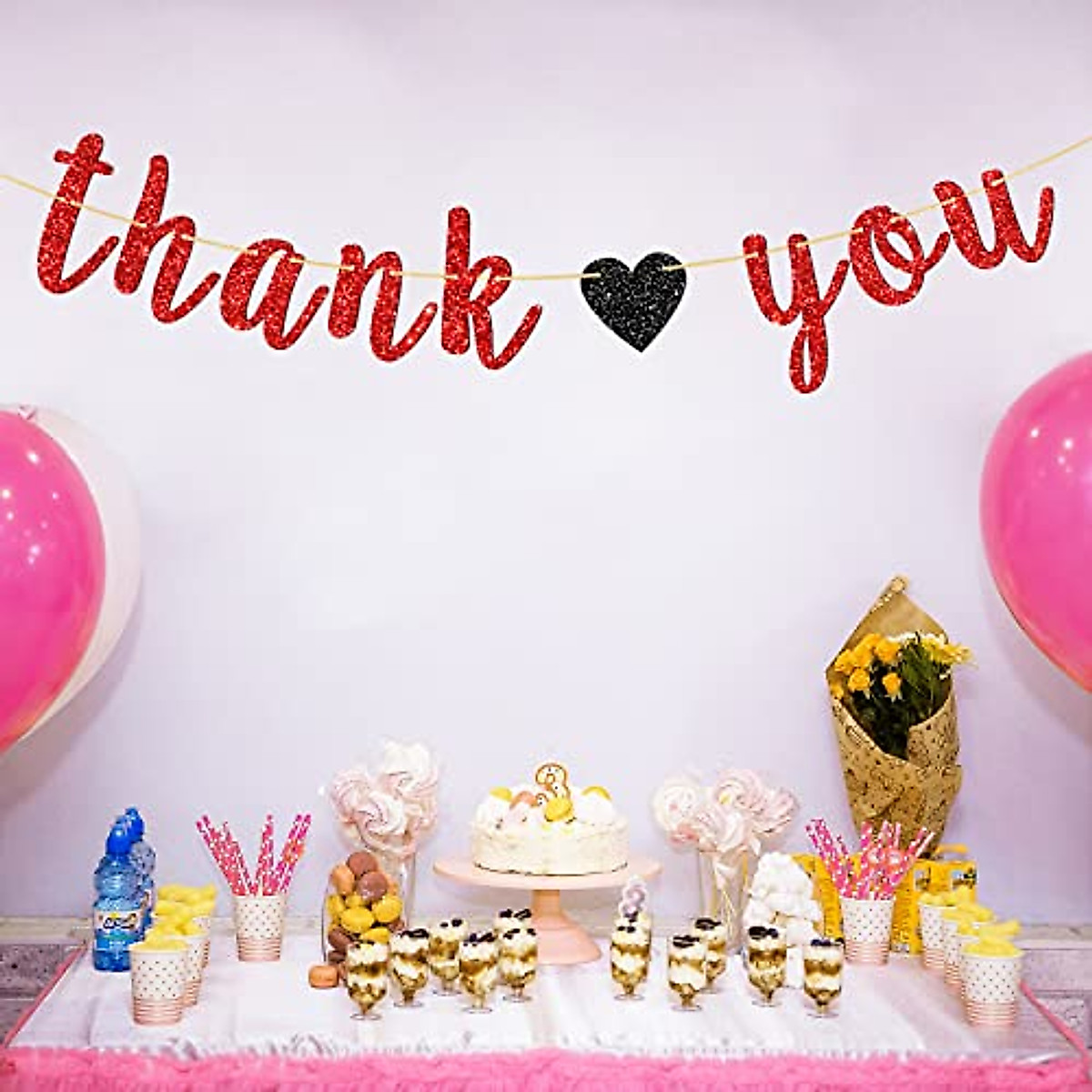 Thank You Banner - Red Glitter Sign for Engaged - Wedding - Bridal Shower Bunting Thanksgiving Photo Booth Props