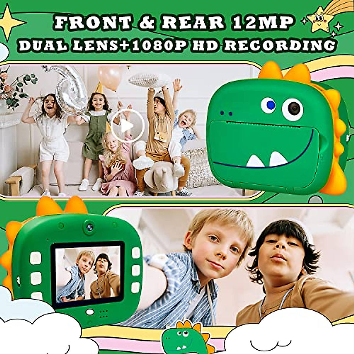 WQ Kids Camera Instant Print, 1080P Dinosaur Digital Print Camera for Kids with Dual Lens,Selfie Video Camera with Phone Connected,Zero Ink Instant Print Camera Ideal Gift for Boys Girls 3-12